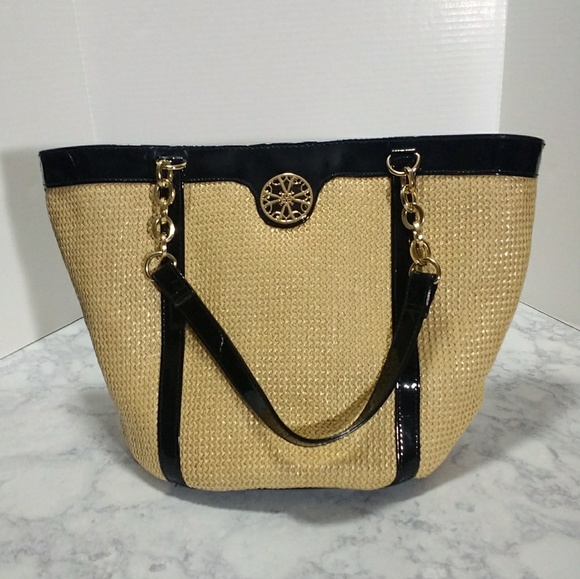 Avon | Bags | Avon Straw Black Patent Tote Bag | Poshmark